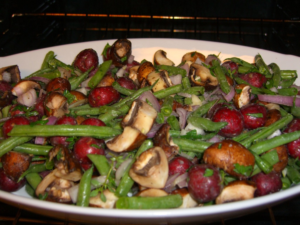 Roasted Pee Wee Potatoes with Mushrooms and Green Beans